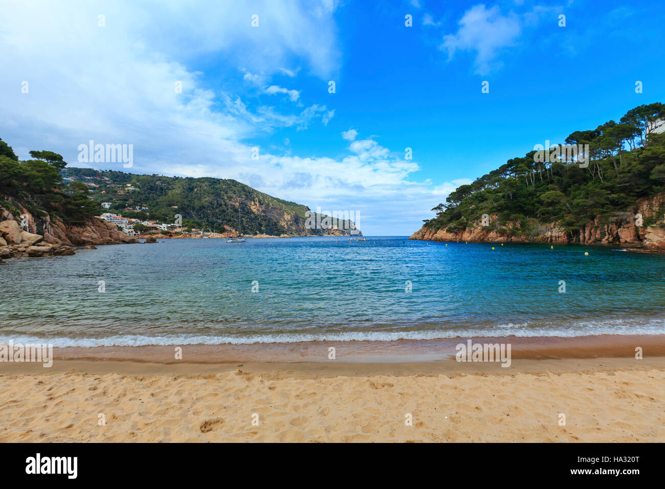 Summer sea rocky coast view from beach (near Palamos, Costa Brava ...