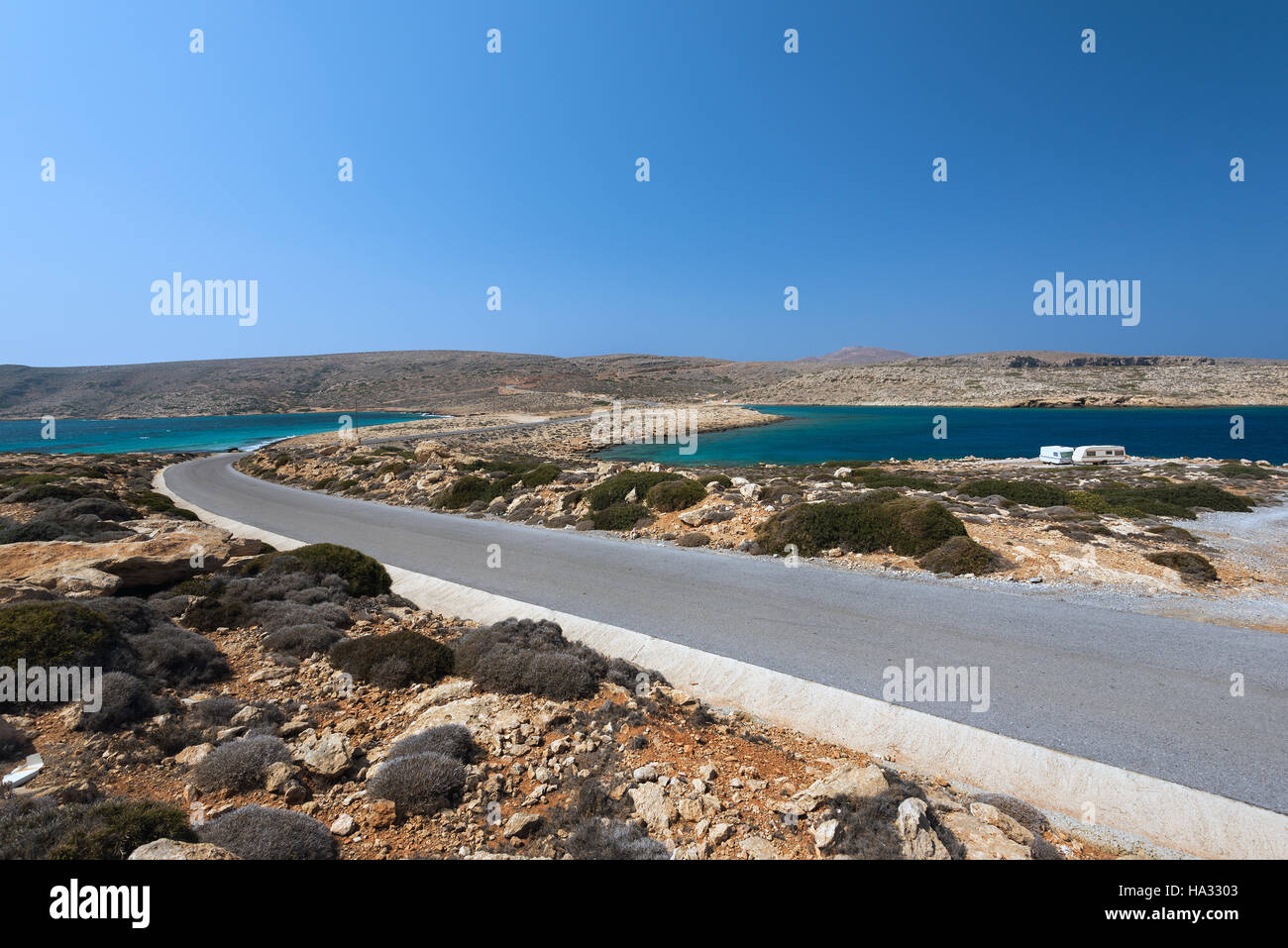 Open road in mountains near Hora Sfakia town on Crete island, Greece ...