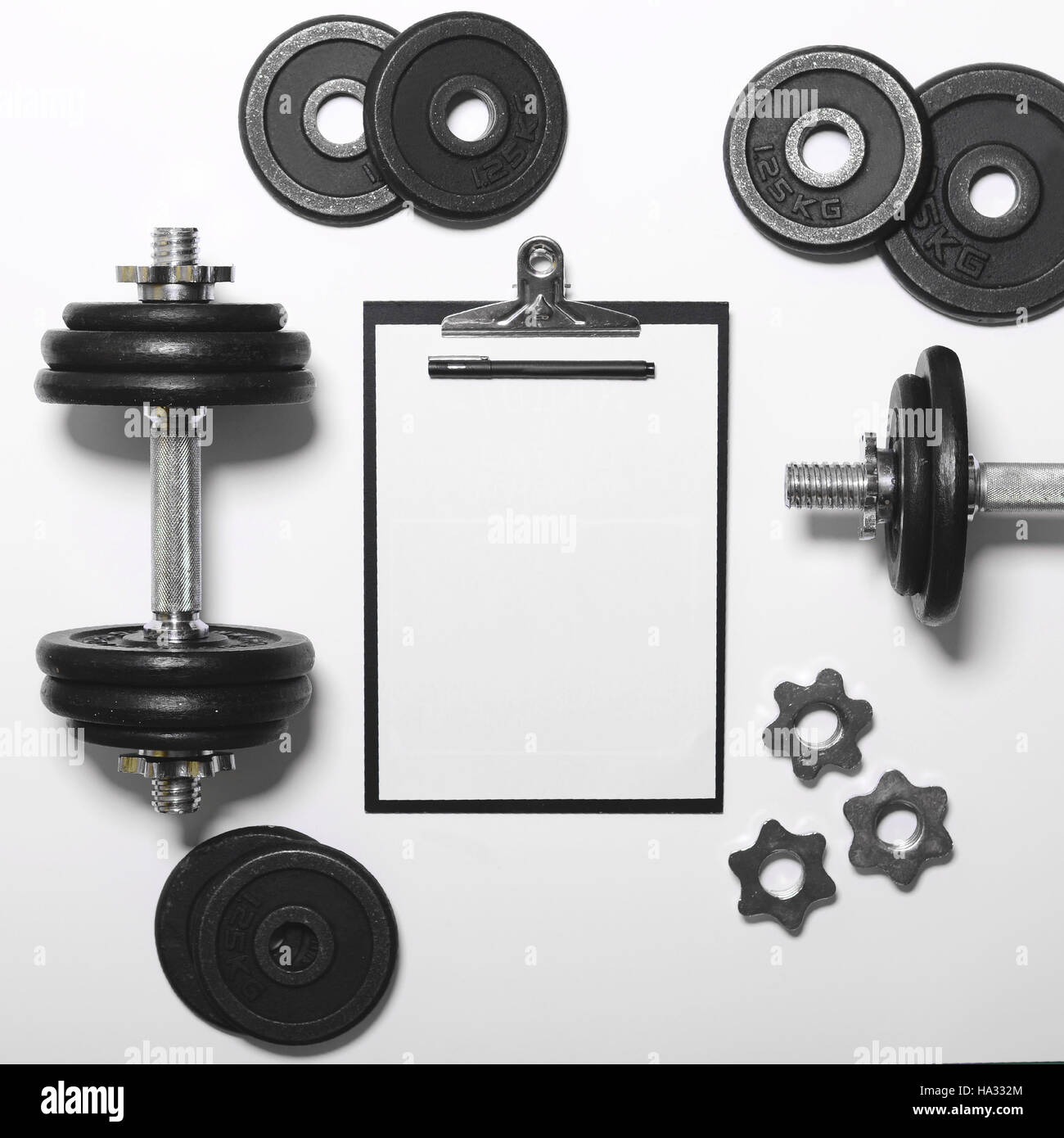 White paper board and exercise tools - Concept for workout plan - Flat ...