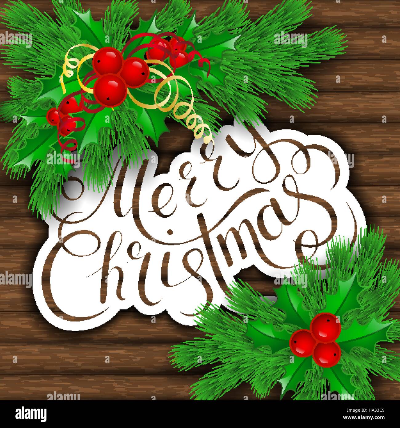 Christmas tree, holly and decorative elements on background of boards ...