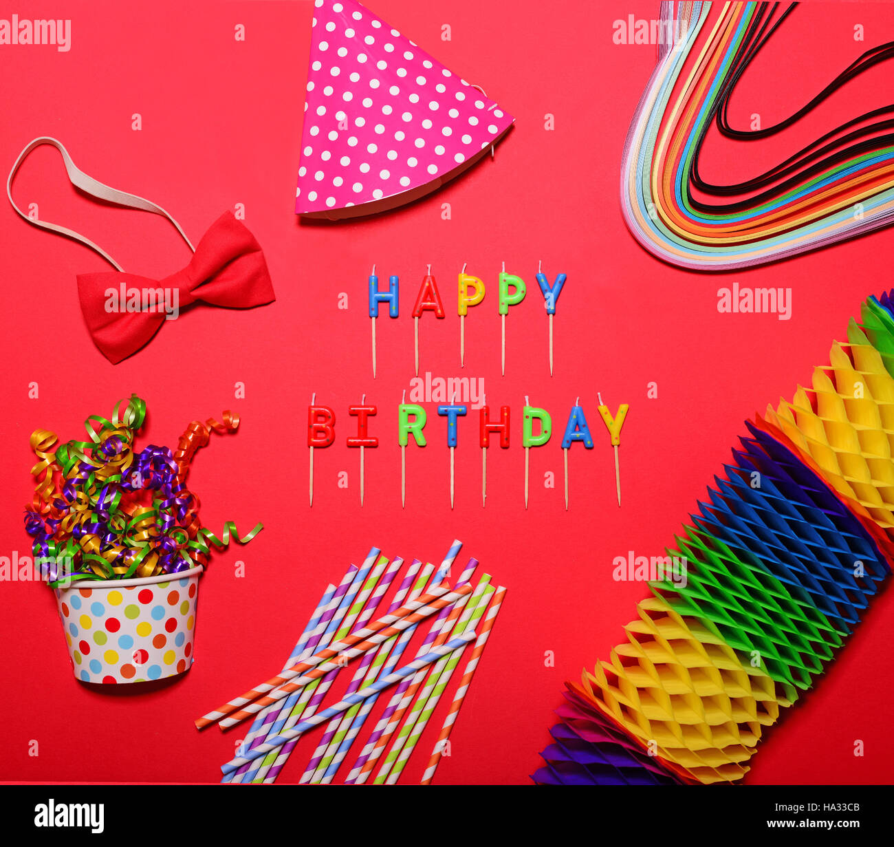 Happy Birthday flat lay party decorations on red background Stock Photo ...