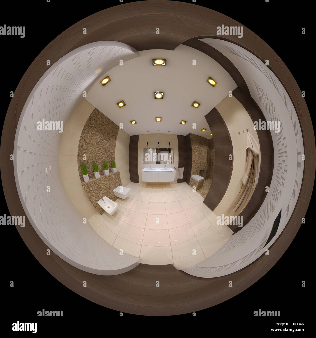 3d illustration spherical 360 degrees, seamless panorama of bathroom ...