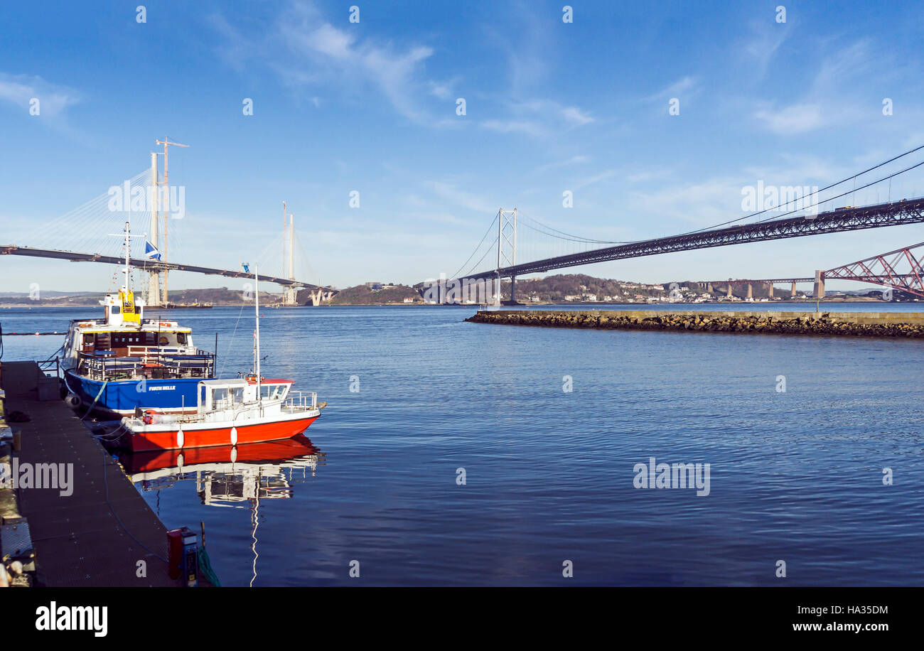 the Queensferry Crossing road bridge from South to North Queensferry in ...
