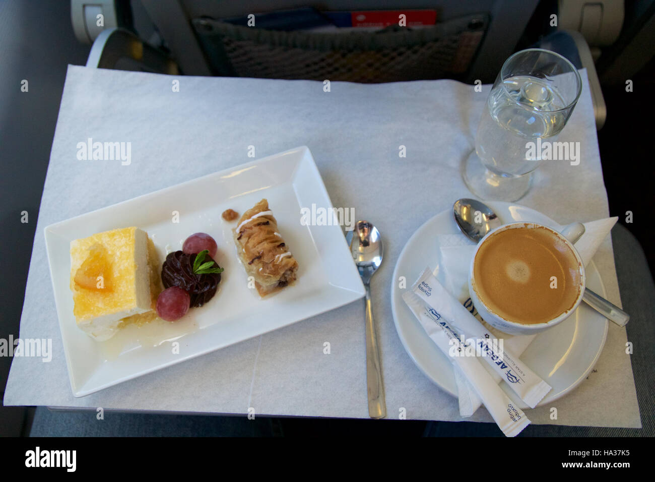 GREECE - OCTOBER 15th, 2016: greek Business Class meal in a plane with ...