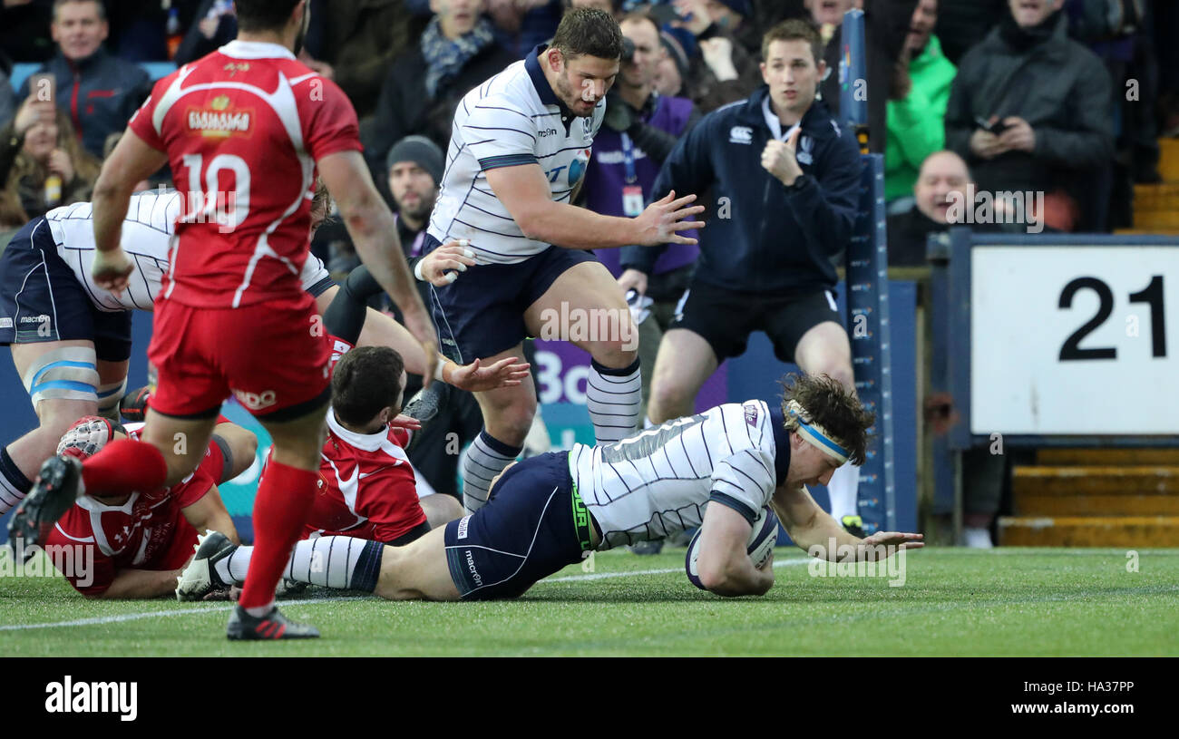 Scotland's Hamish Watson scores a try during the Autumn International ...