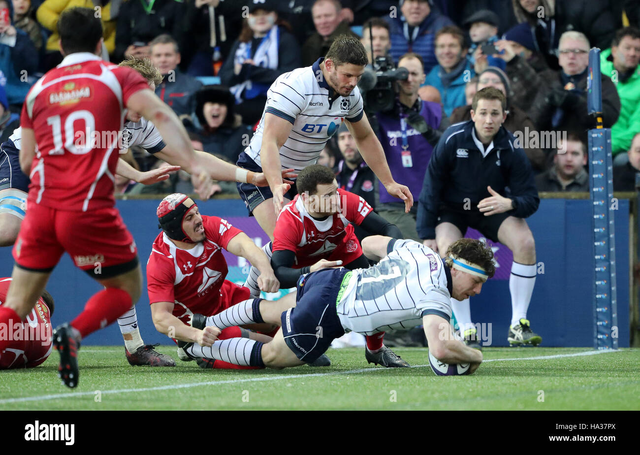 Scotland's Hamish Watson scores a try during the Autumn International ...