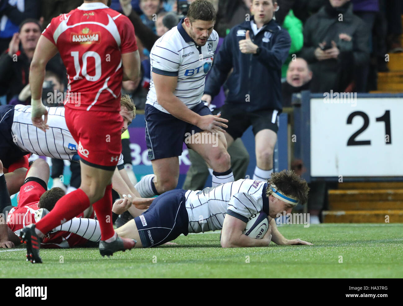Scotland's Hamish Watson scores a try during the Autumn International ...