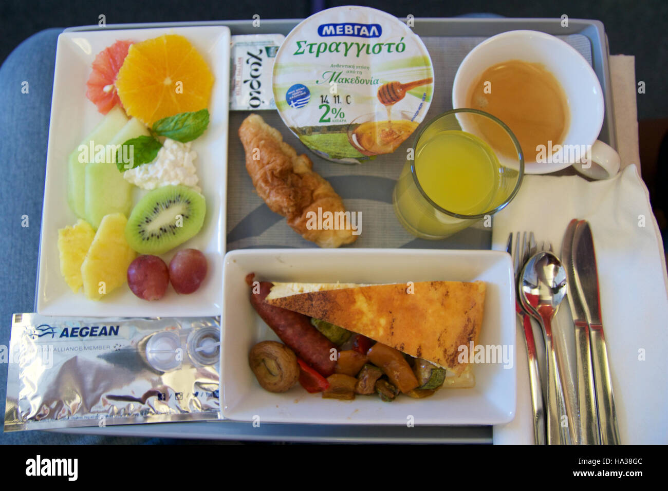 GREECE - OCTOBER 15th, 2016: greek Business Class meal in a plane ...