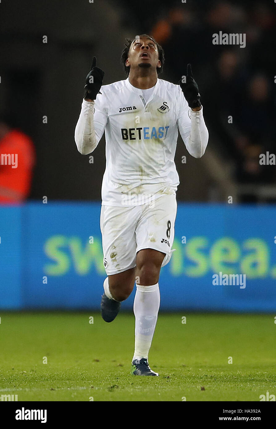 Swansea City's Leroy Fer celebrates scoring his sides third goal during ...