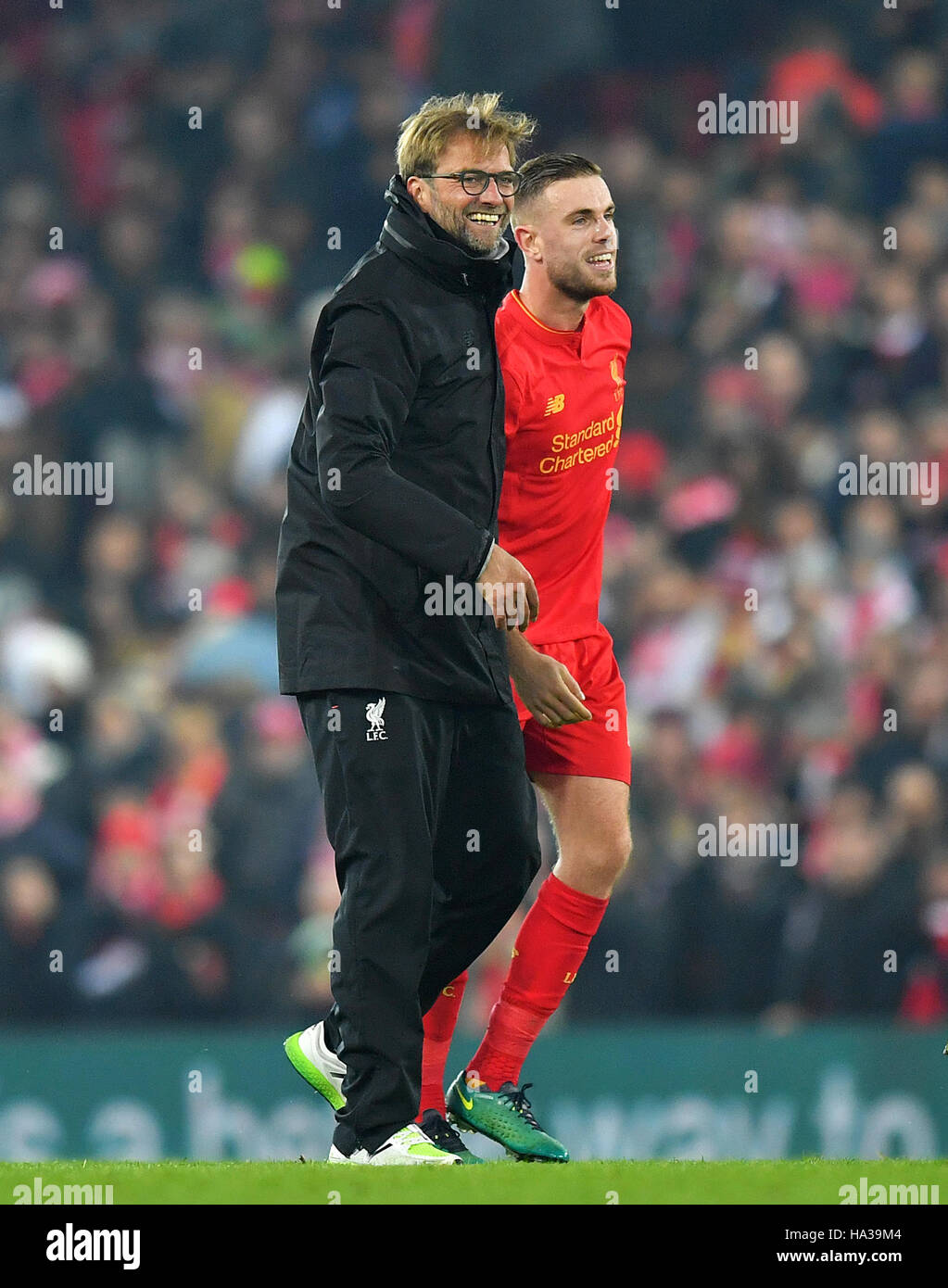 Liverpool manager Jurgen Klopp with Jordan Henderson after the Premier League match at Anfield ...