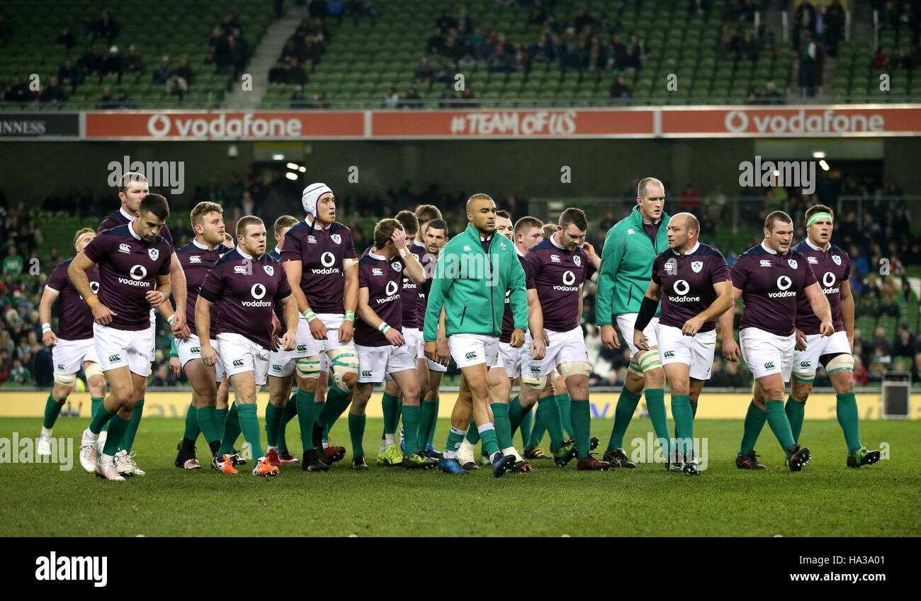 Ireland players walk off the pitch after the warm up before the Aviva ...