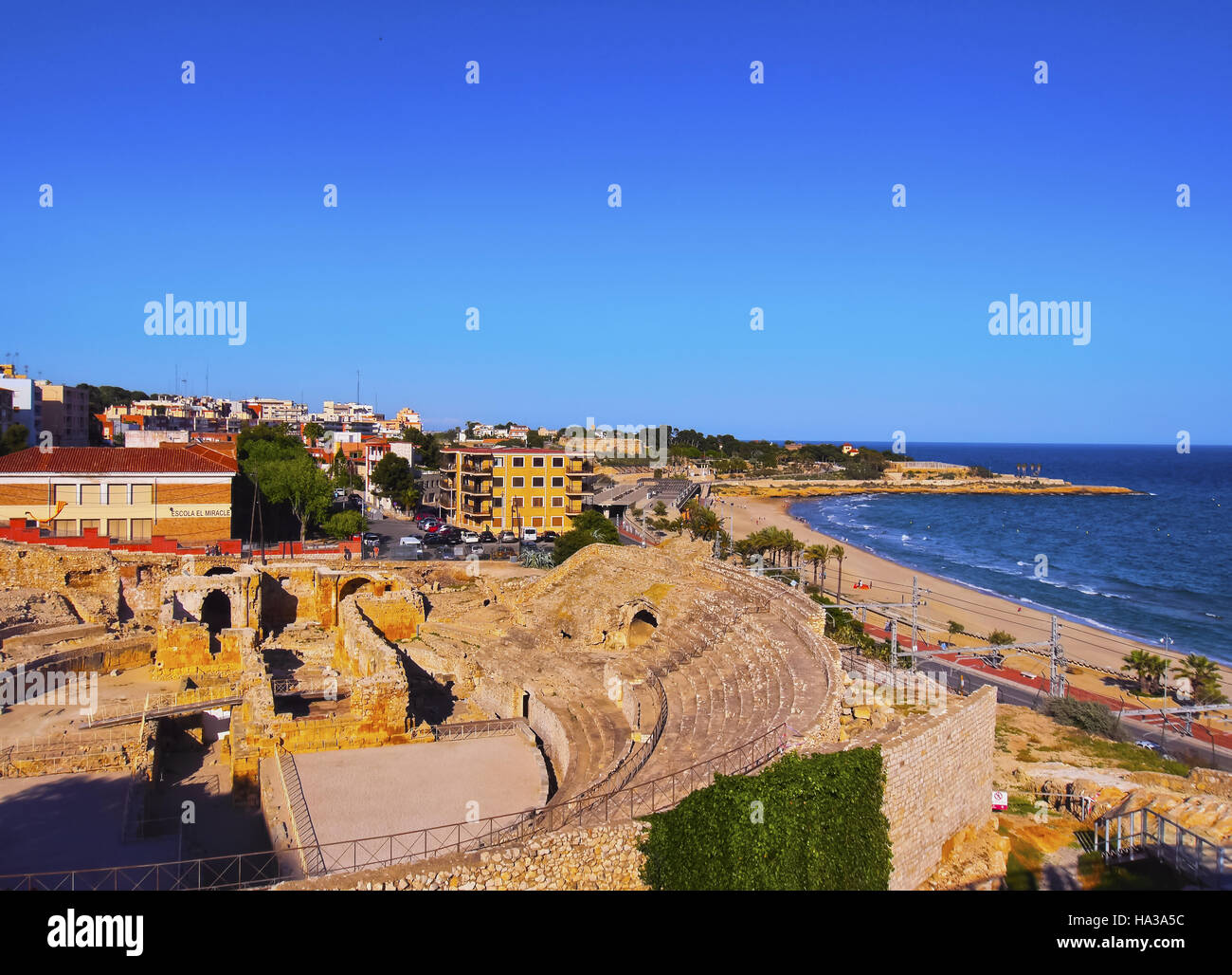 Spain, Catalonia, Tarragona, View of the Tarragona Amphitheatre from ...