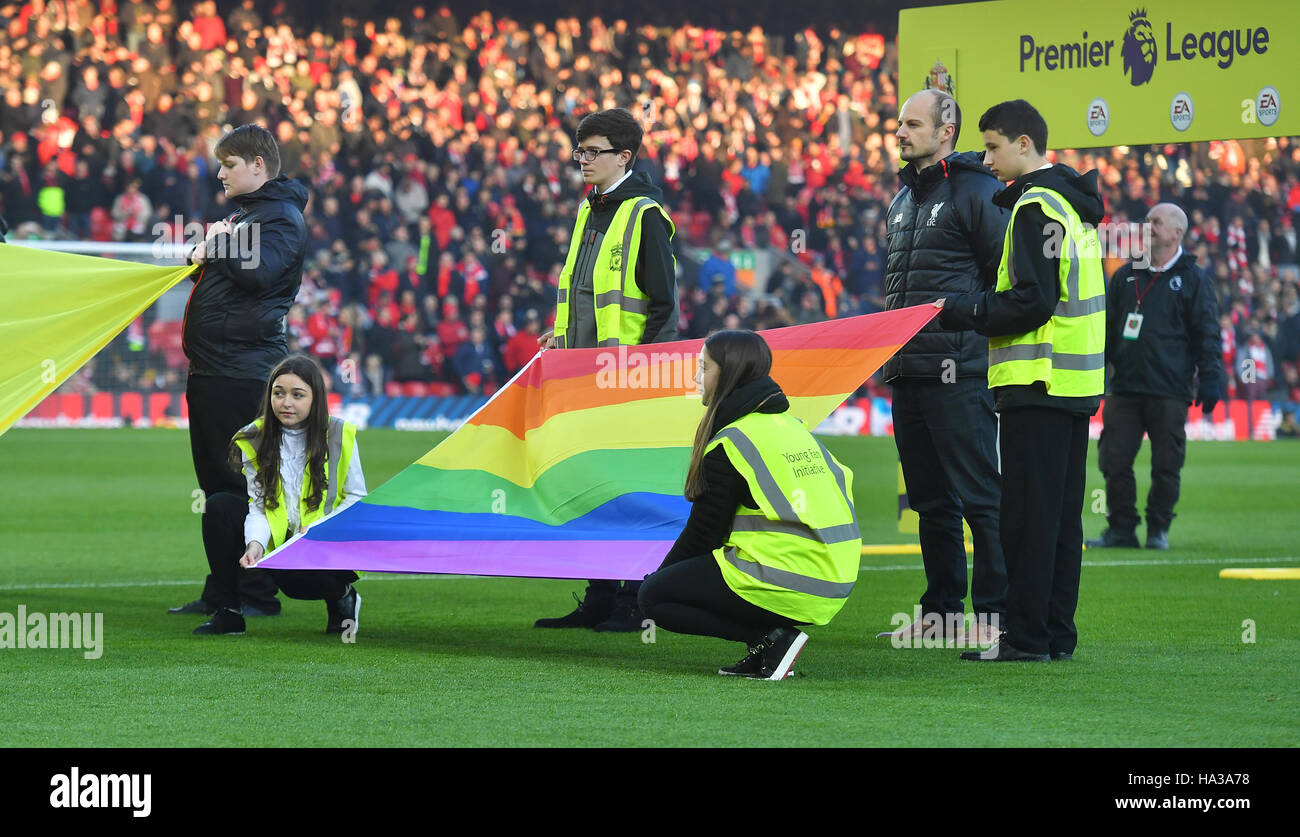 A rainbow flag is presented on the pitch before the Premier League ...