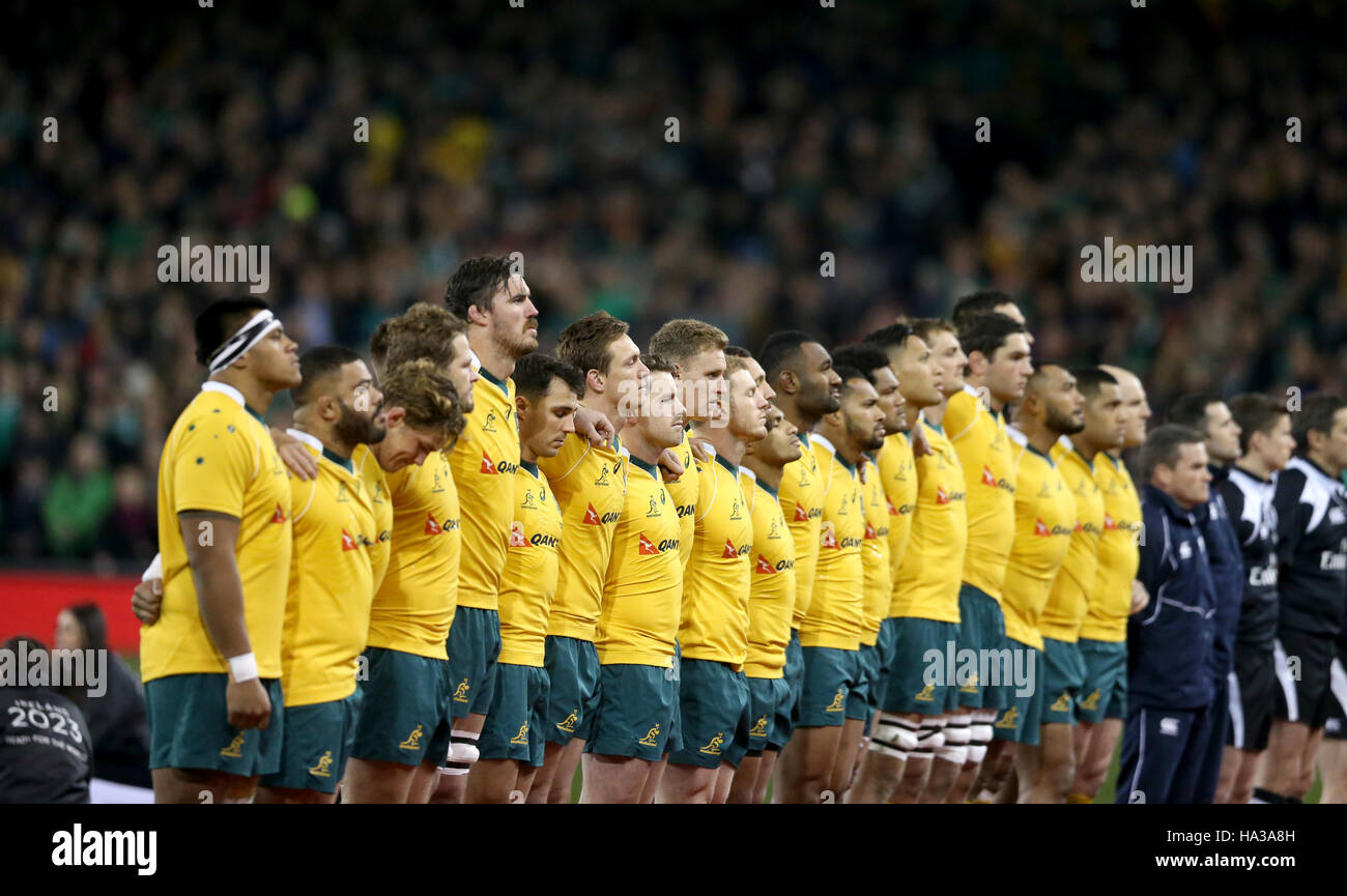 Australia players line up for the national anthems before the Aviva ...