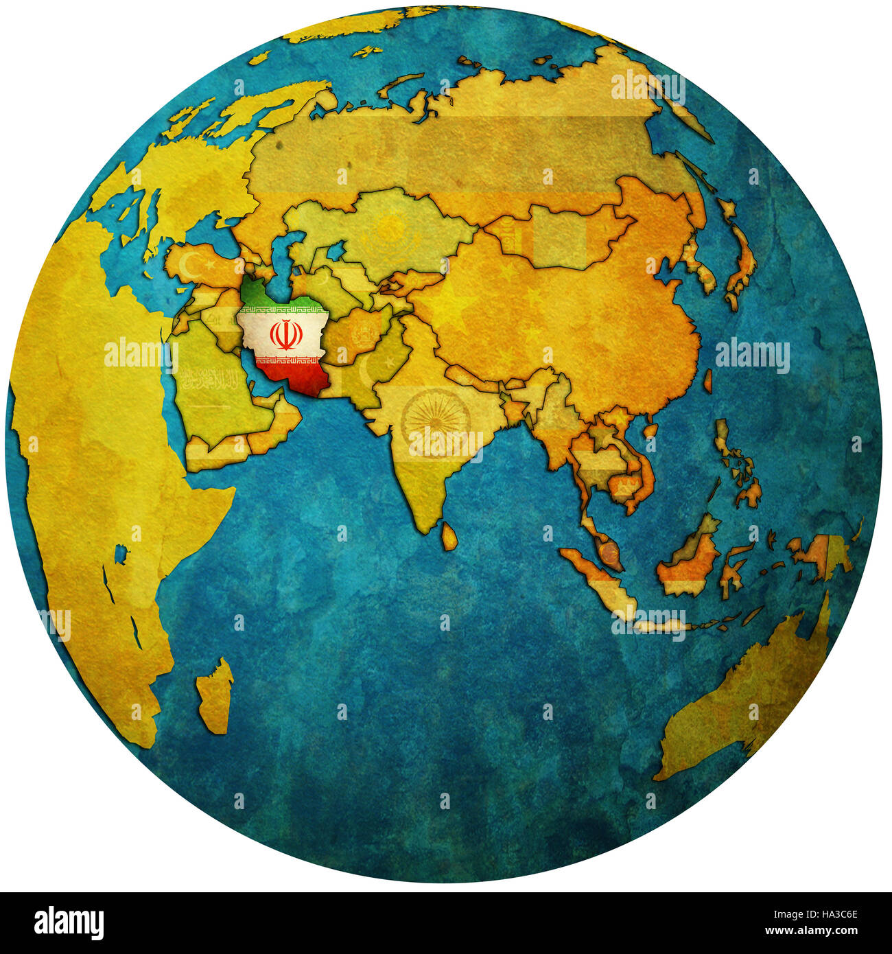 isolated over white territory of iran with flag on globe map Stock ...