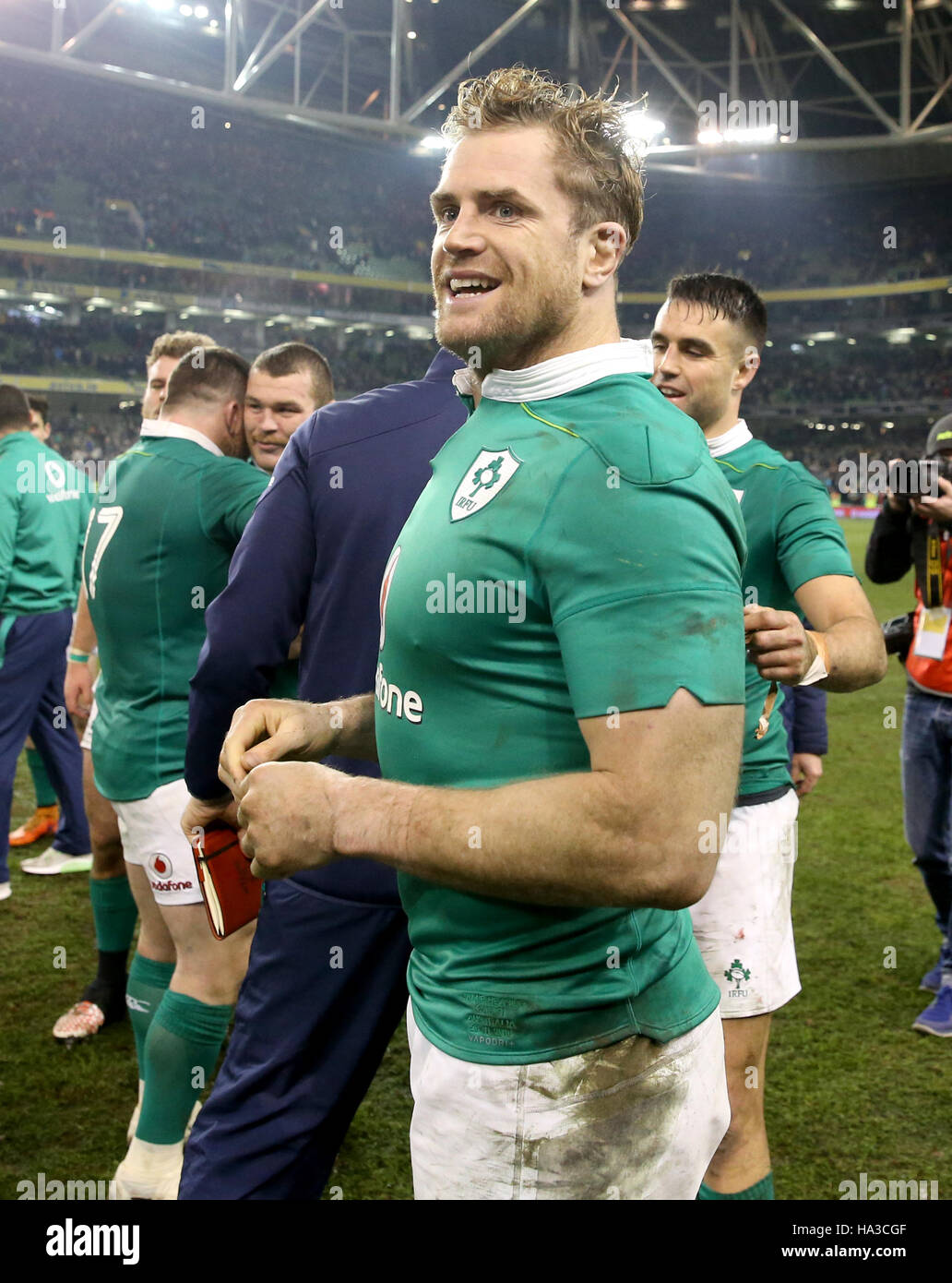 Ireland's Jamie Heaslip celebrates after the Autumn International match ...