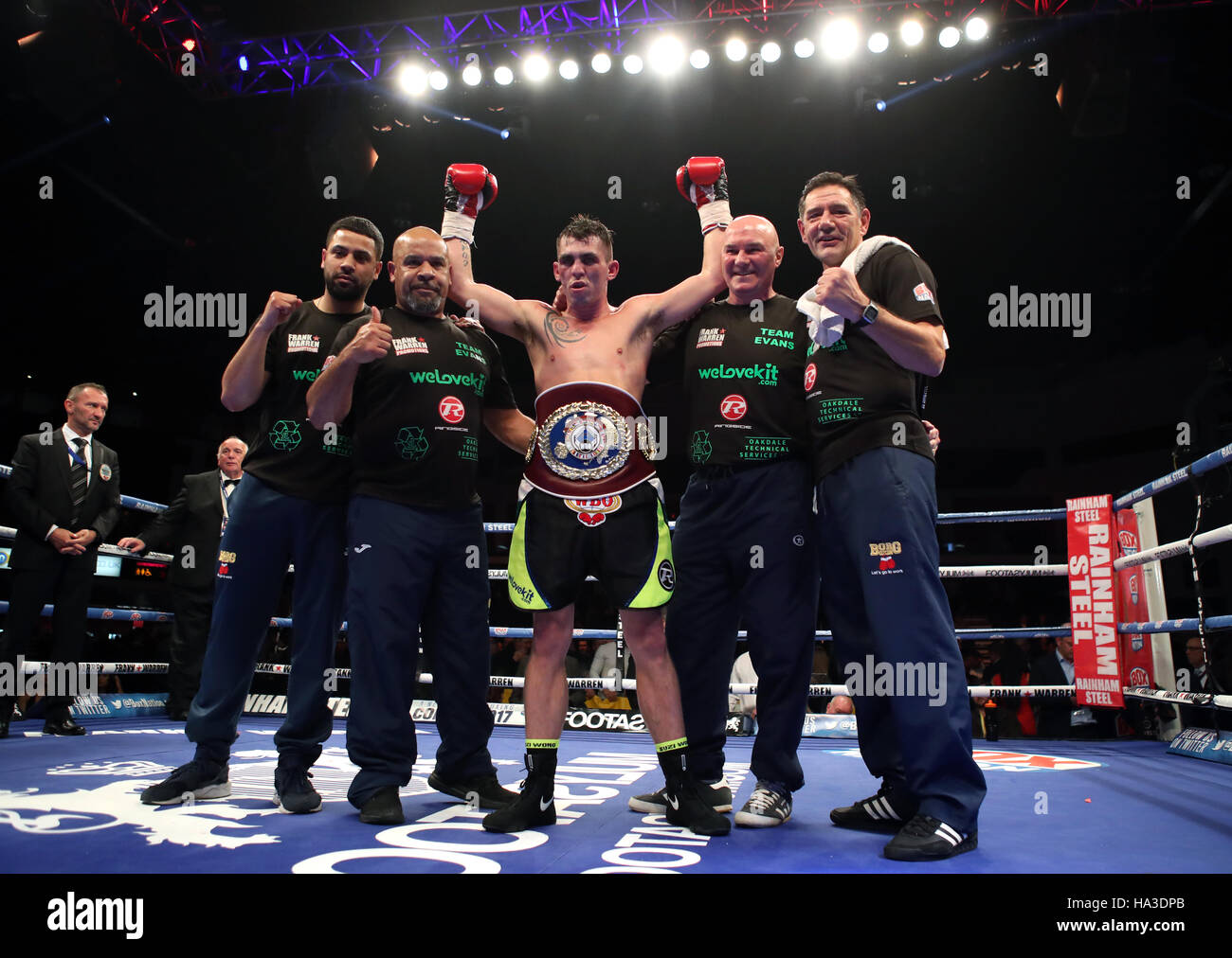 Craig Evans celebrates victory over Tom Stalker during the WBO European ...
