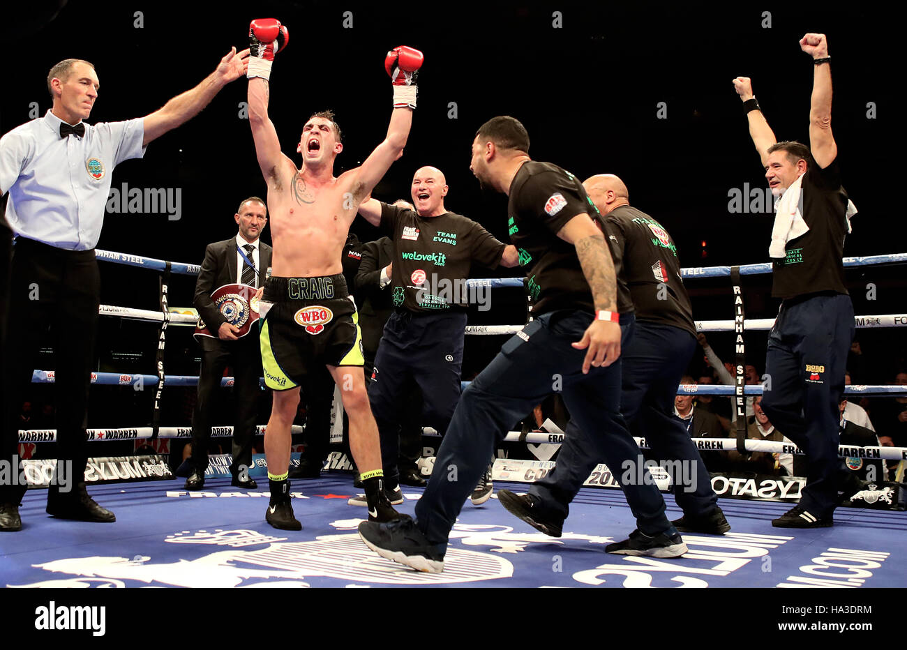Craig Evans celebrates victory over Tom Stalker during the WBO European ...