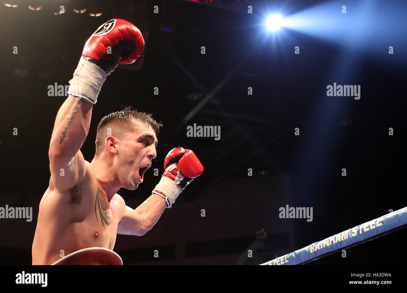 Craig Evans celebrates his victory over Tom Stalker during the WBO ...