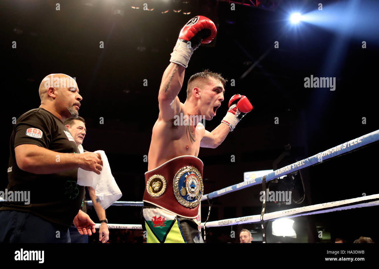Craig Evans celebrates his victory over Tom Stalker during the WBO ...