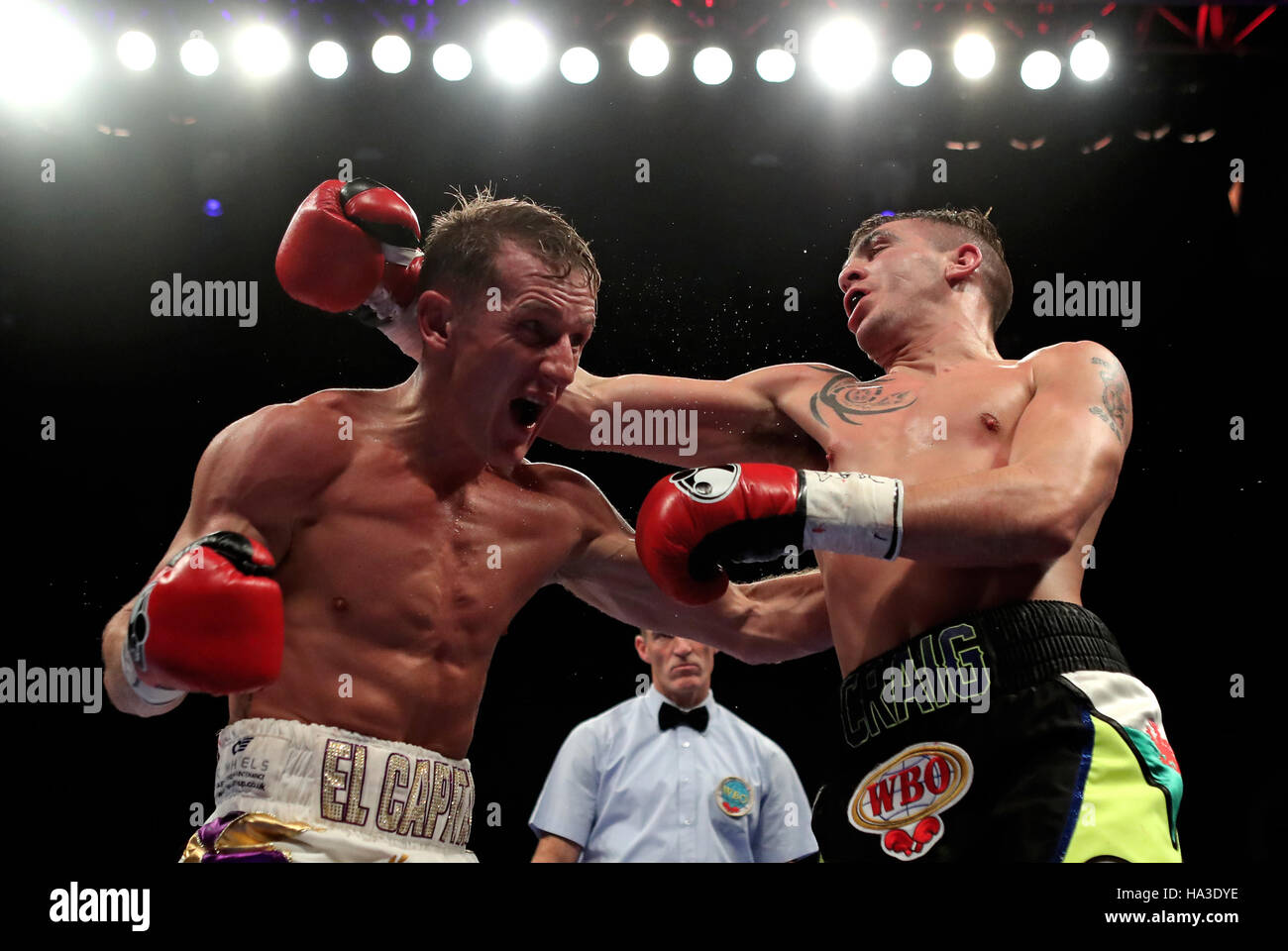Tom Stalker and Craig Evans (right) during the WBO European Lightweight ...