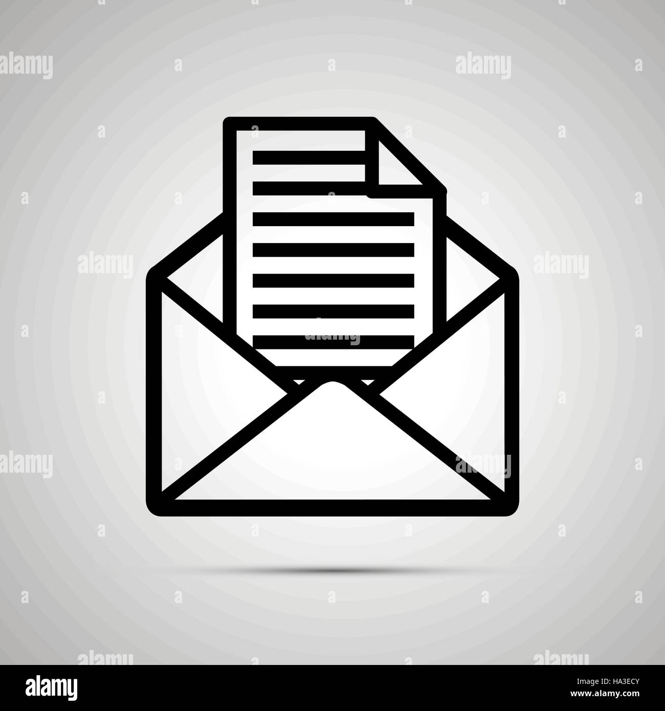 Simple black icon of open envelope with document inside on light ...