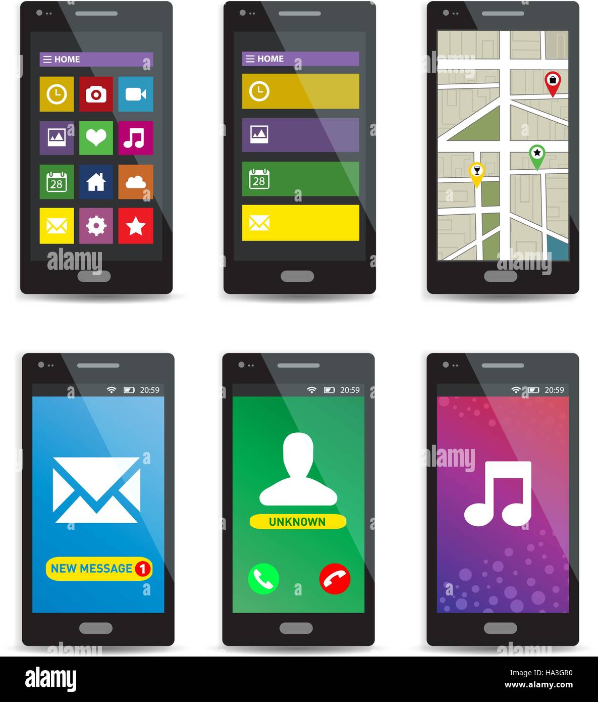 Set of modern touchscreen smartphones with applications on screens ...