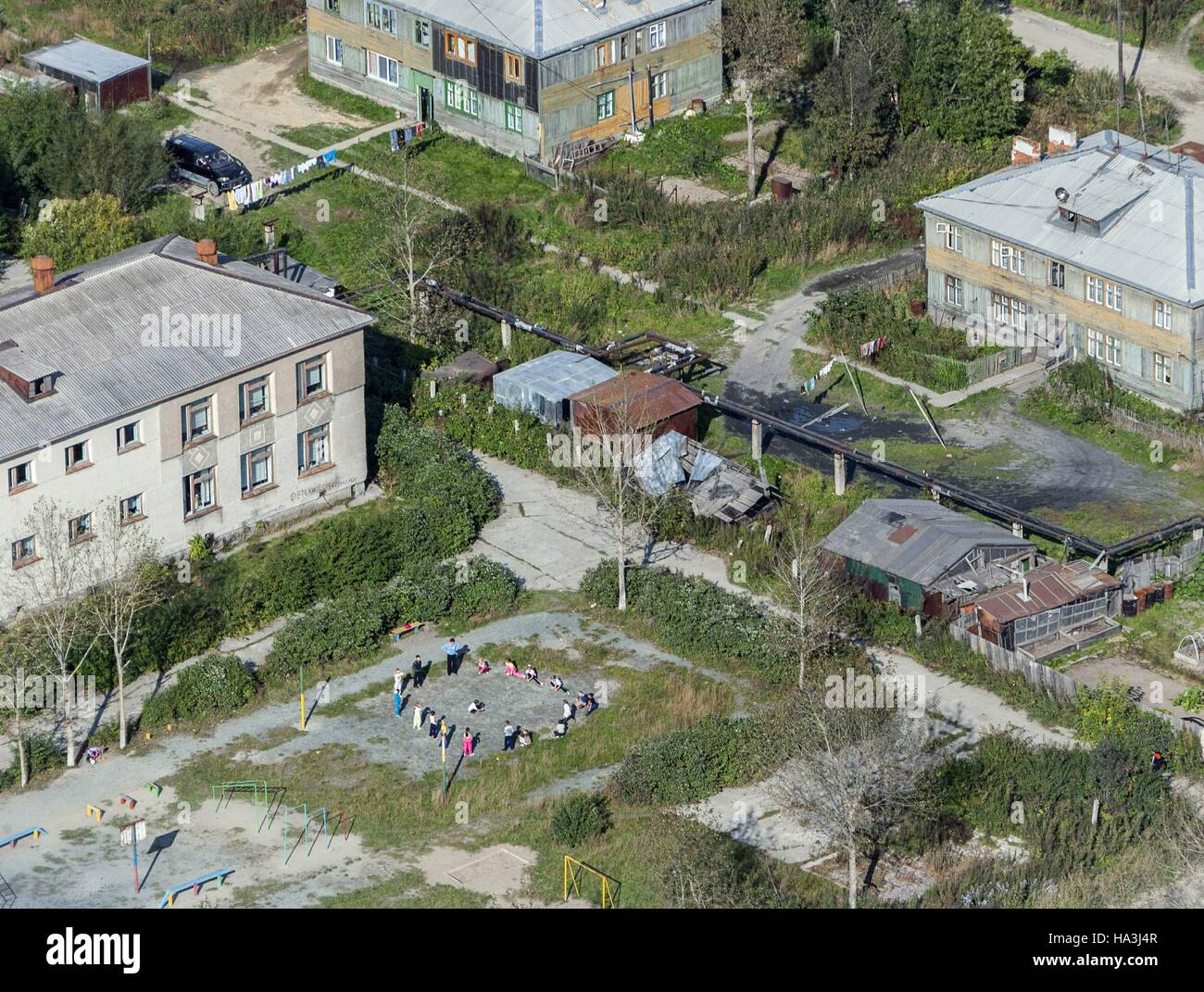 Sakhalin island from Above. In the picture: Yuzhno-Sakhalinsk city ...
