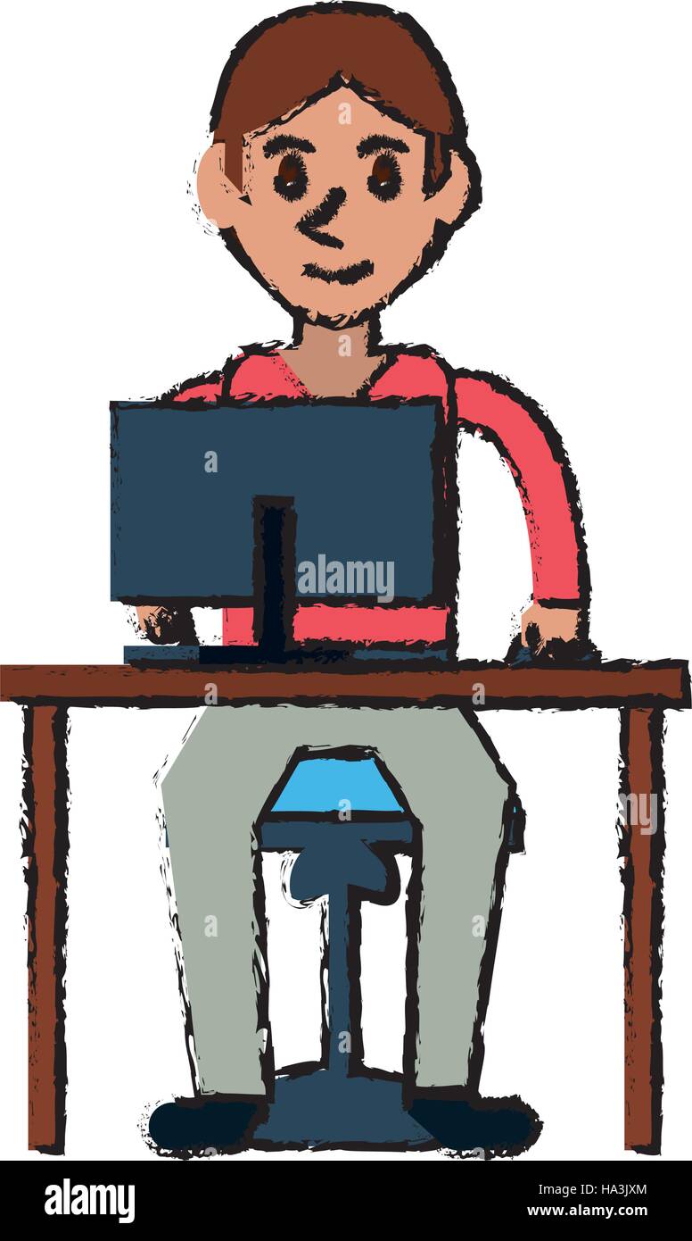 cartoon young boy uses computer desk chair design Stock Vector Image ...