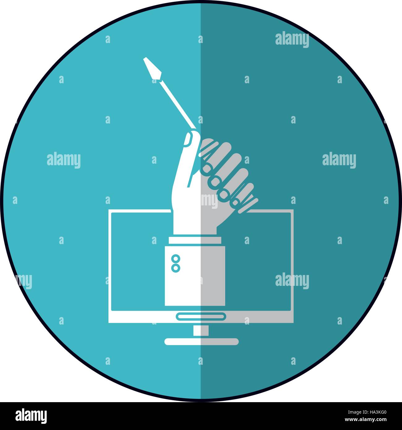 computer hand holds screwdriver under construction sign-blue circle ...