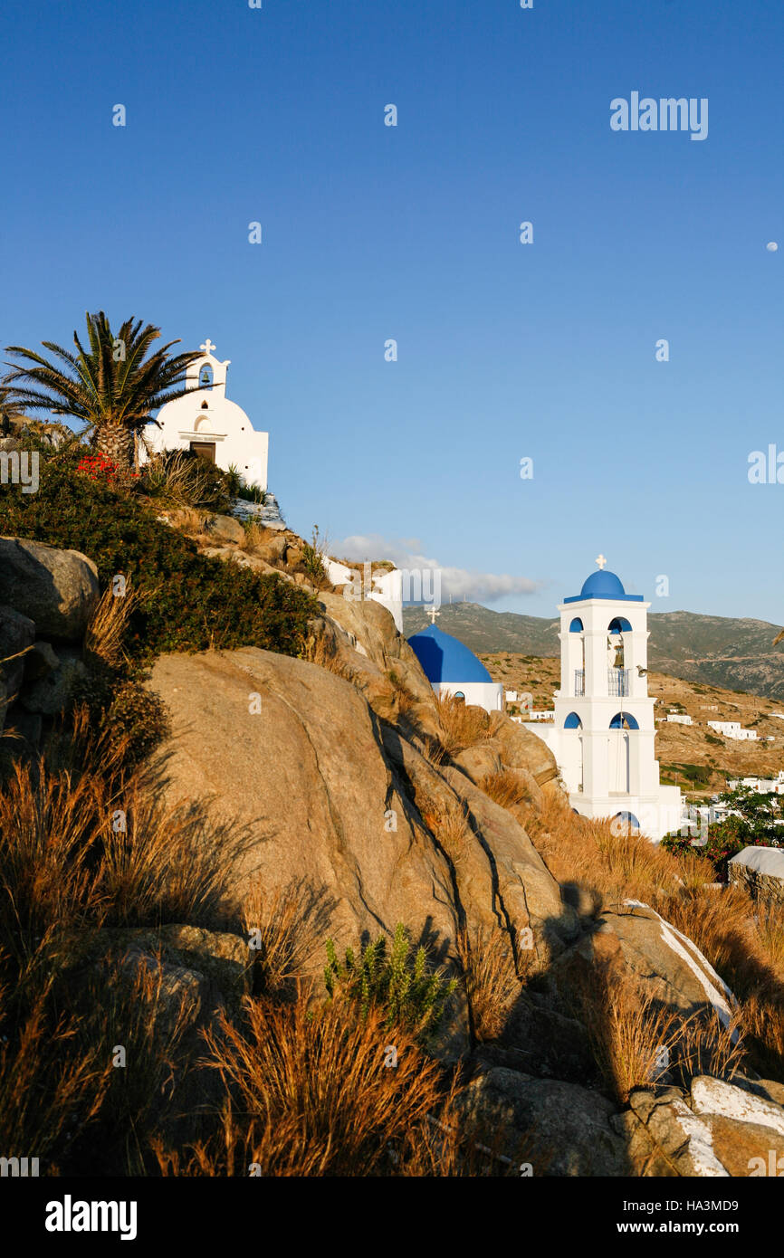Sunset on Hora (Chora) Hill in Ios island, Cyclades, Greece. Orthodox ...