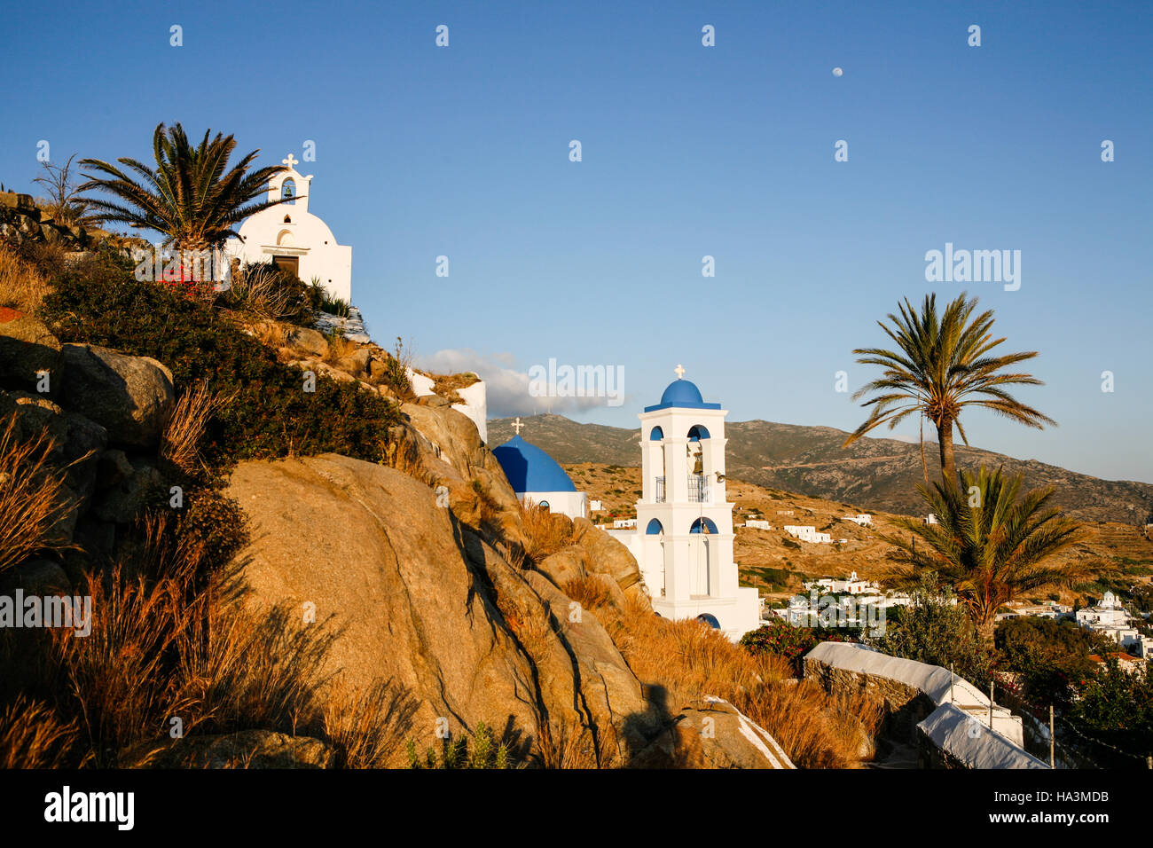 Sunset on Hora (Chora) Hill in Ios island, Cyclades, Greece. Orthodox ...