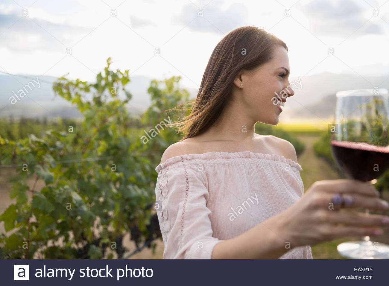 Smiling woman wine tasting drinking red wine in vineyard Stock Photo ...