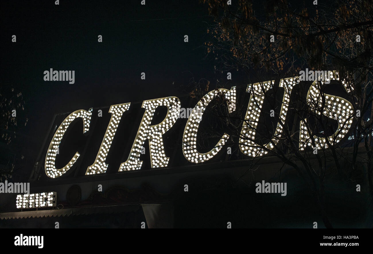 Text circus in the night. Circus office illuminated. Many lamps Stock ...