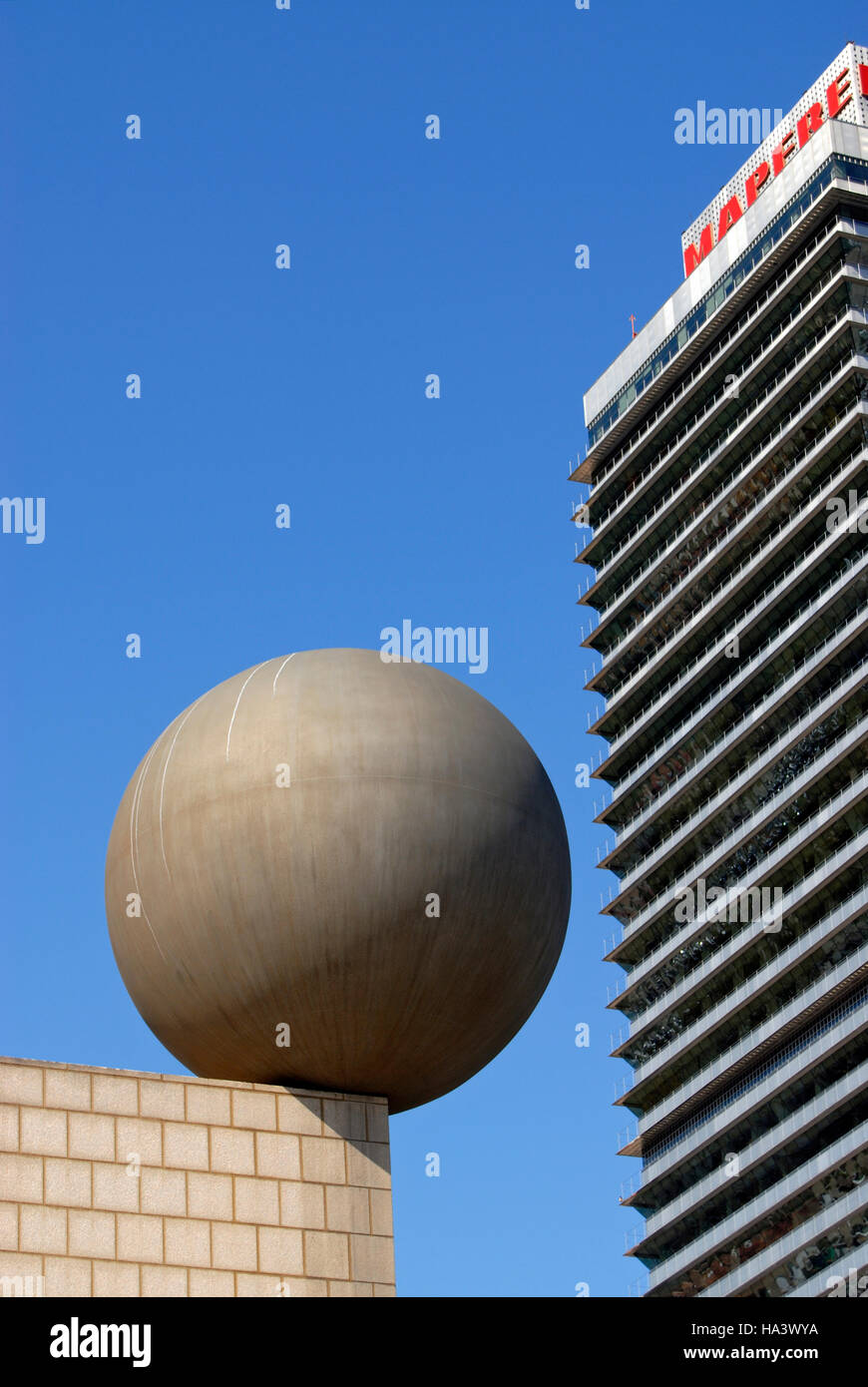 Frank Owen Gehry's Sphere (Esfera) sculpture and Mapfre Tower Building ...