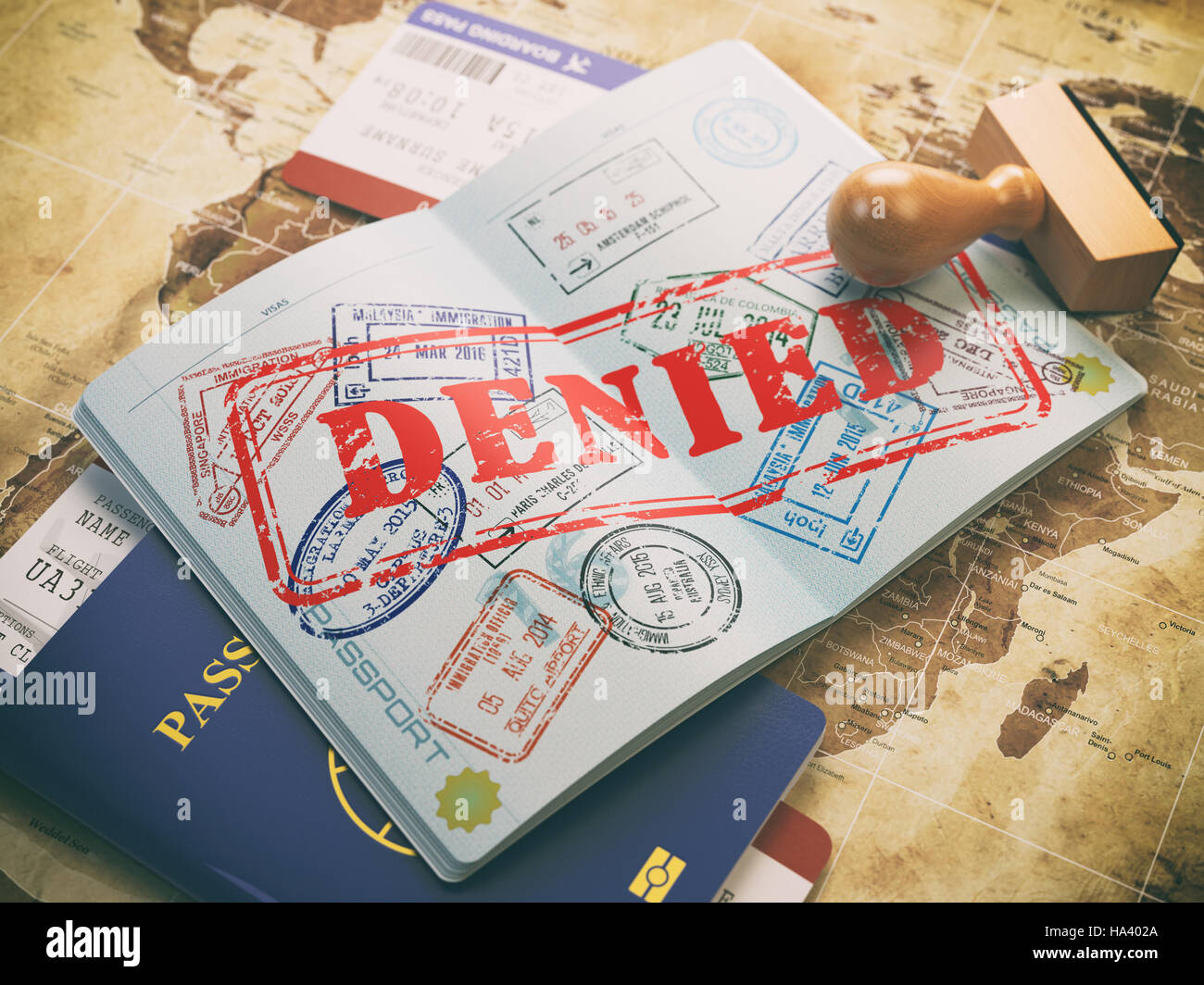 Passport With Denied Visa Stamp On The Map Of The World And Airline