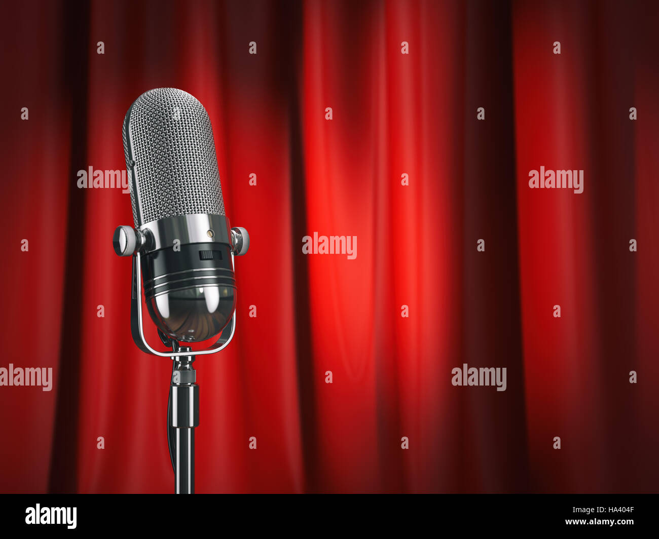 Vintage microphone on stage with red curtain. Music concept. 3d ...
