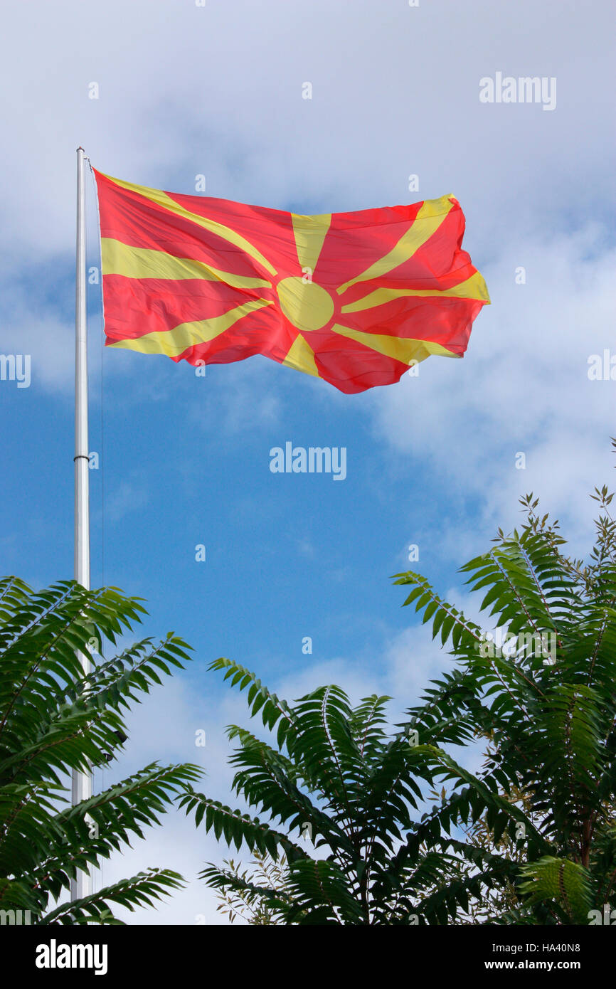 Macedonian flag flying above the fort in Skopje, Macedonia Stock Photo ...