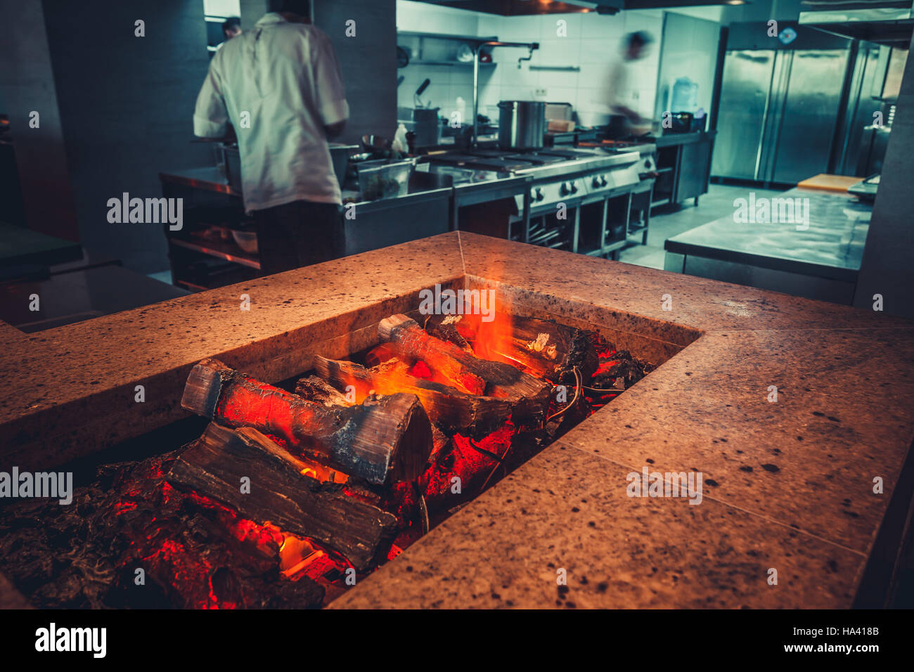 modern restaurant with fireplace Stock Photo - Alamy
