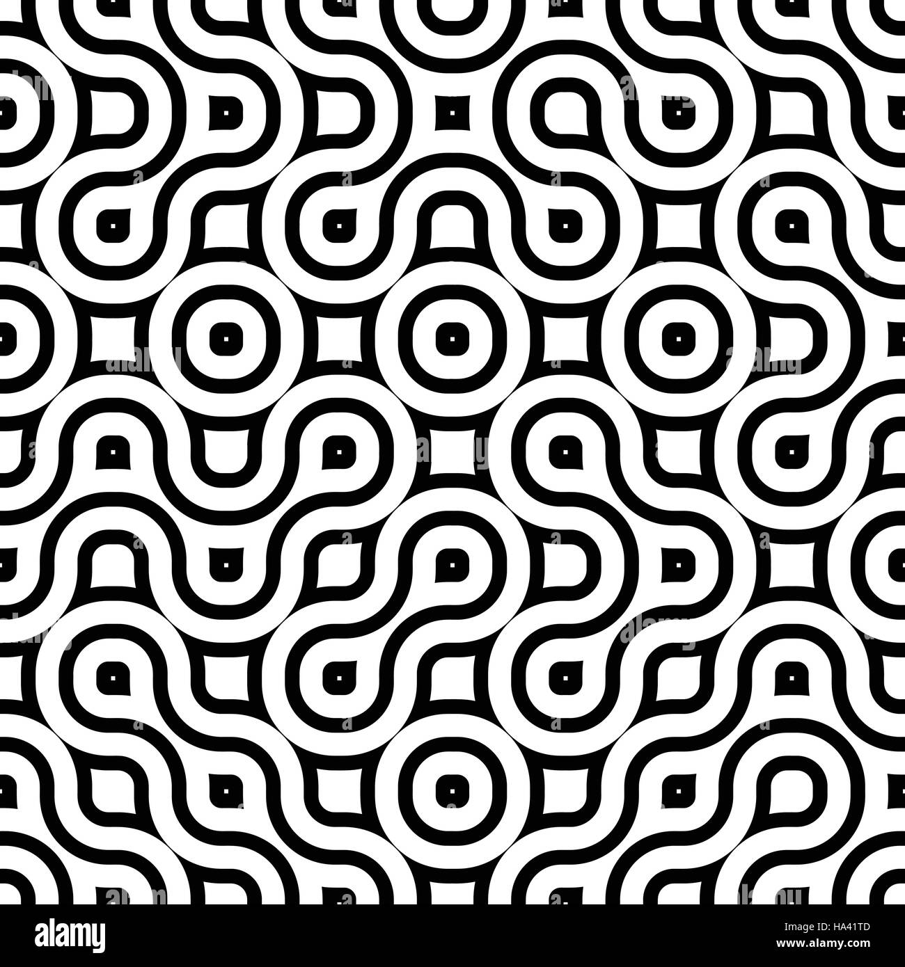 Vector seamless black and white tangled round stripes geometric vintage pattern abstract ...