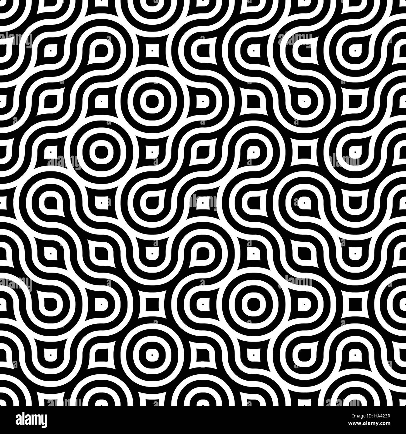 Vector seamless black and white tangled round stripes geometric vintage ...