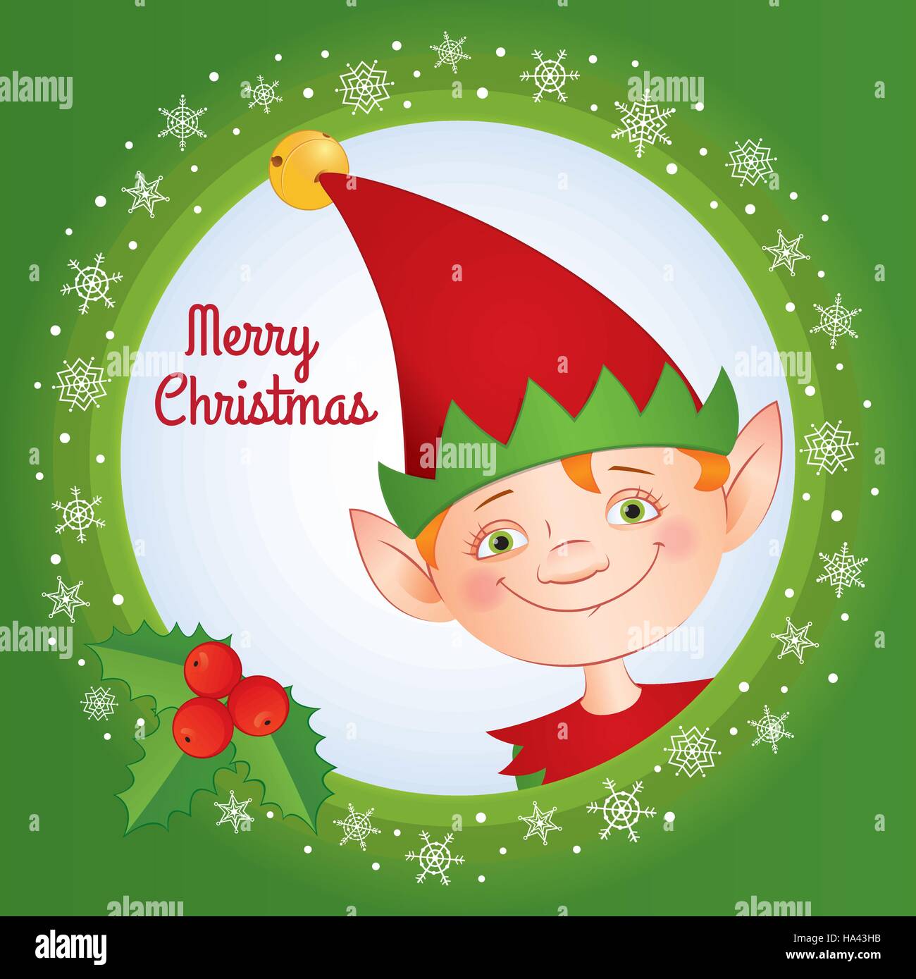 Vector cartoon illustration. Holiday greeting card with text "Merry ...