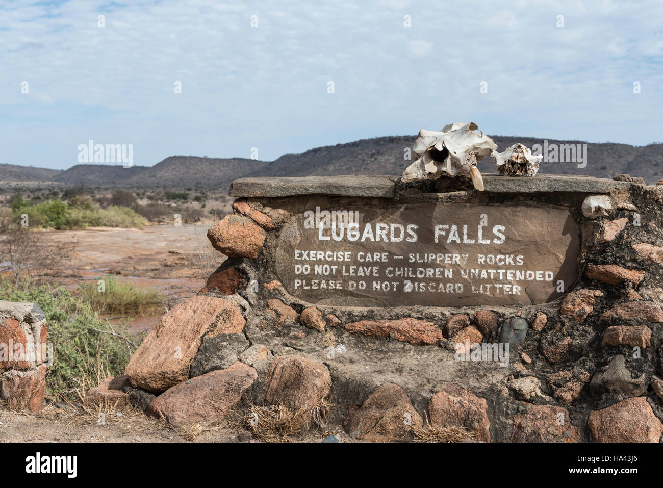 Sign at Lugard's Falls on the Galena River in Tsavo East National Park ...