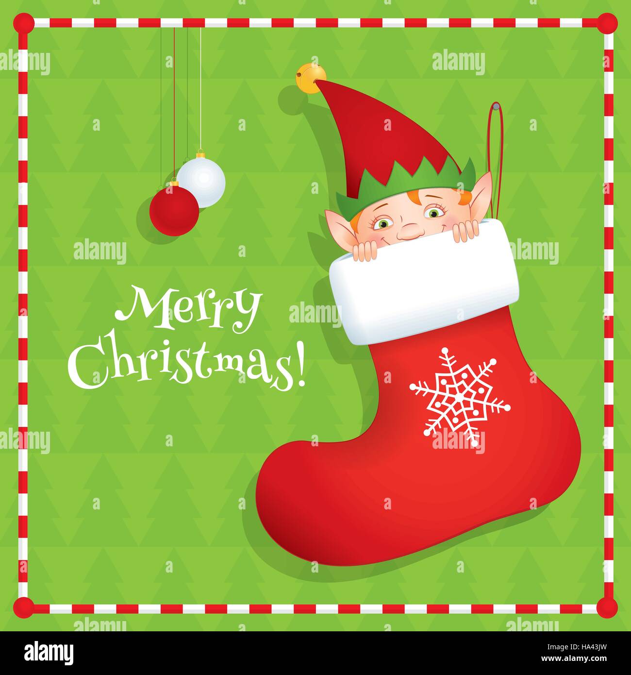 Vector cartoon illustration of a cute elf hiding in a red Christmas ...