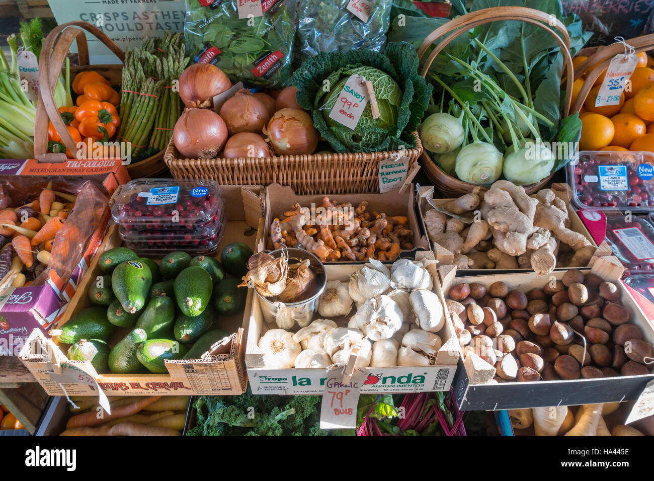 An attractive display of winter fruit and vegetables with 2016 price ...