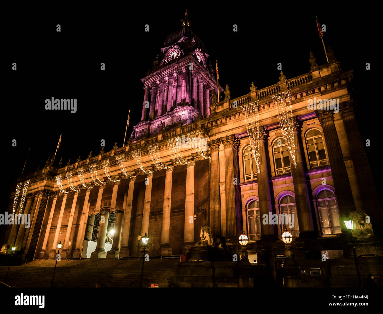 Leeds City Hall, beautifully lit on a lovely winter's evening. Lots of ...