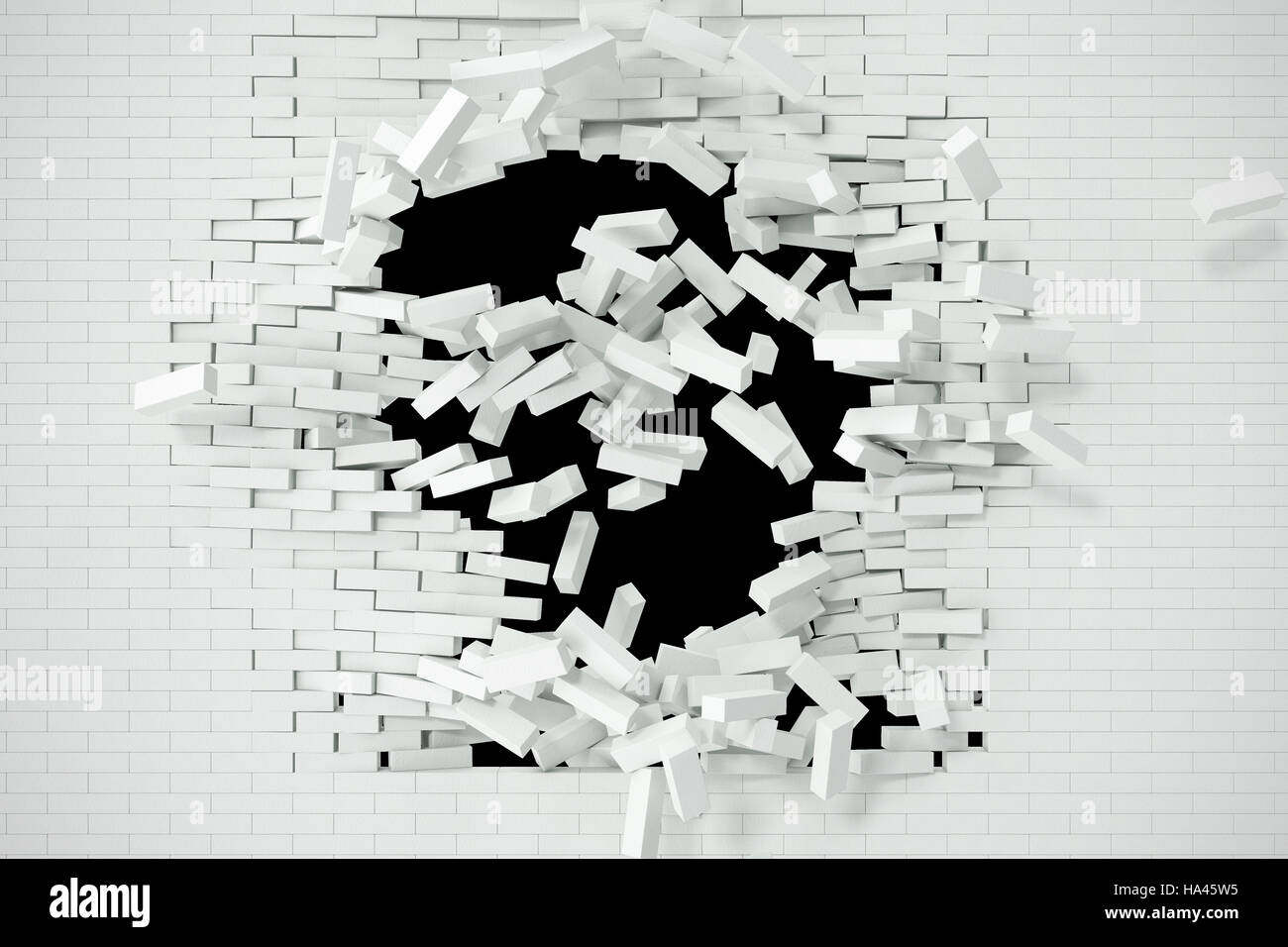 Explosion, destruction of a white brick wall, abstract background for ...