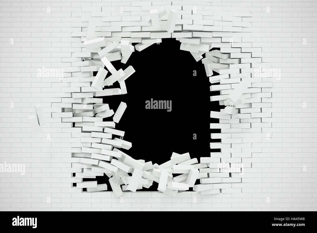 Explosion, destruction of a white brick wall, abstract background for ...