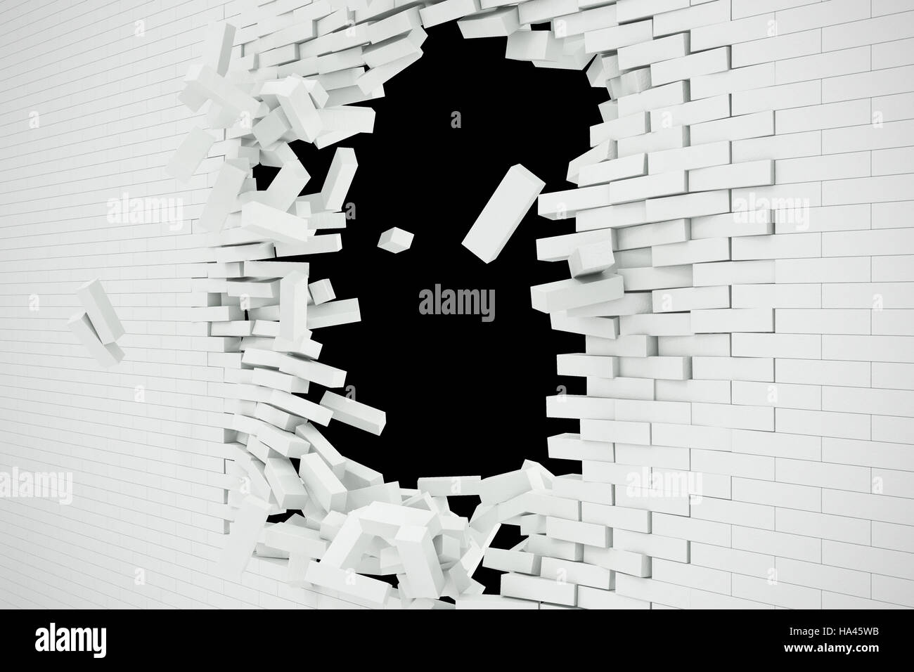 Explosion, destruction of a white brick wall, abstract background for ...