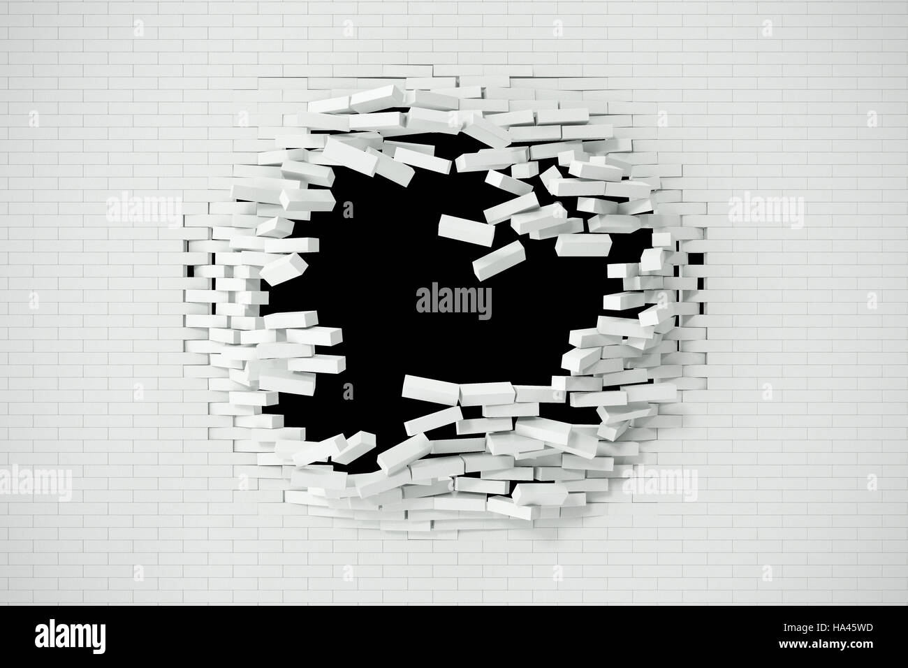 Explosion, destruction of a white brick wall, abstract background for ...